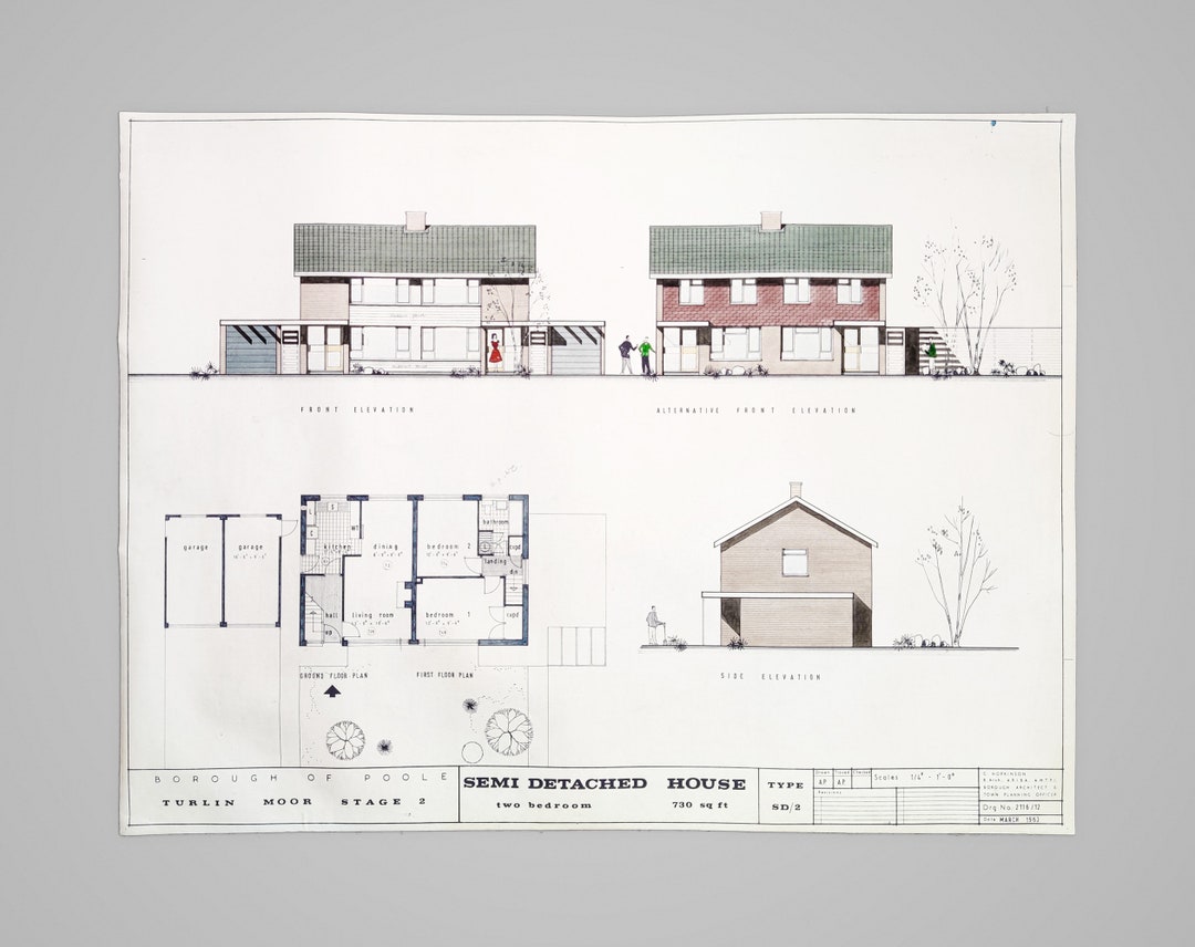 XL 1960s British Semi-detached House Hand-coloured Architectural ...