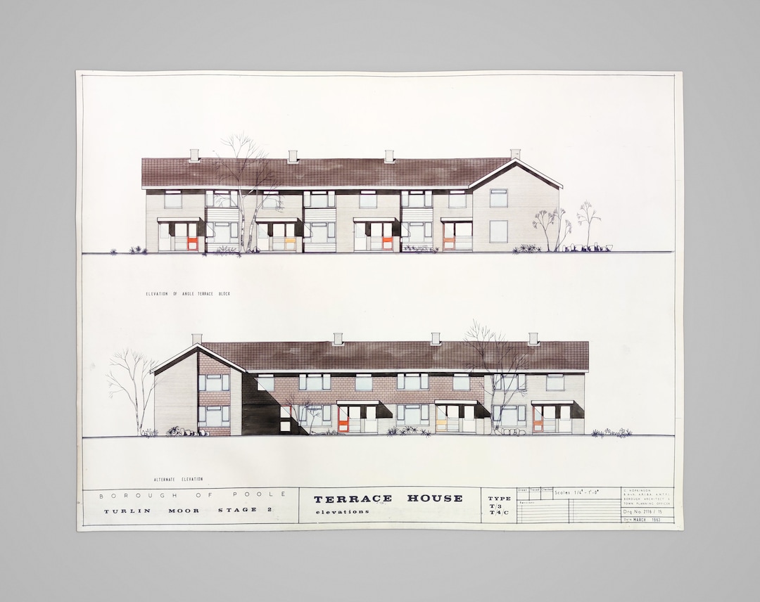 XL 1960s British Terrace House Hand-coloured Architectural Drawing ...