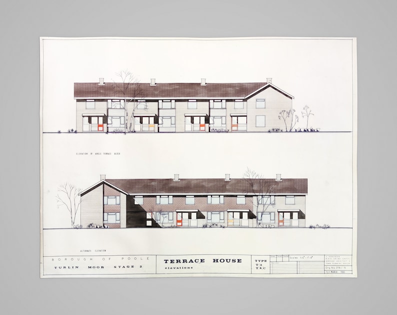 XL 1960s British Terrace House Hand-coloured Architectural Drawing ...