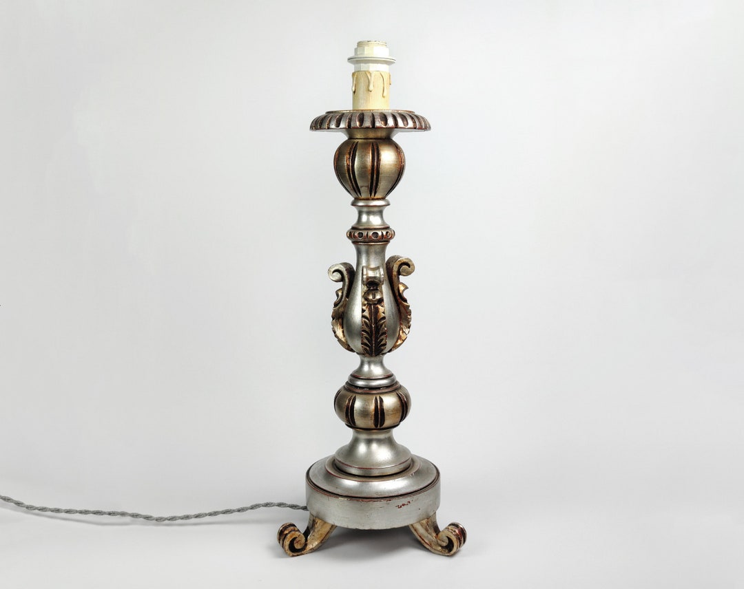 XL 1950s French Wooden Table Lamp, With Silver Gilt, Acanthus Leaf ...
