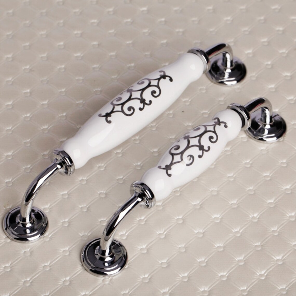 Large Cabinet Handles Pulls Ceramic White Silver Dresser - Etsy