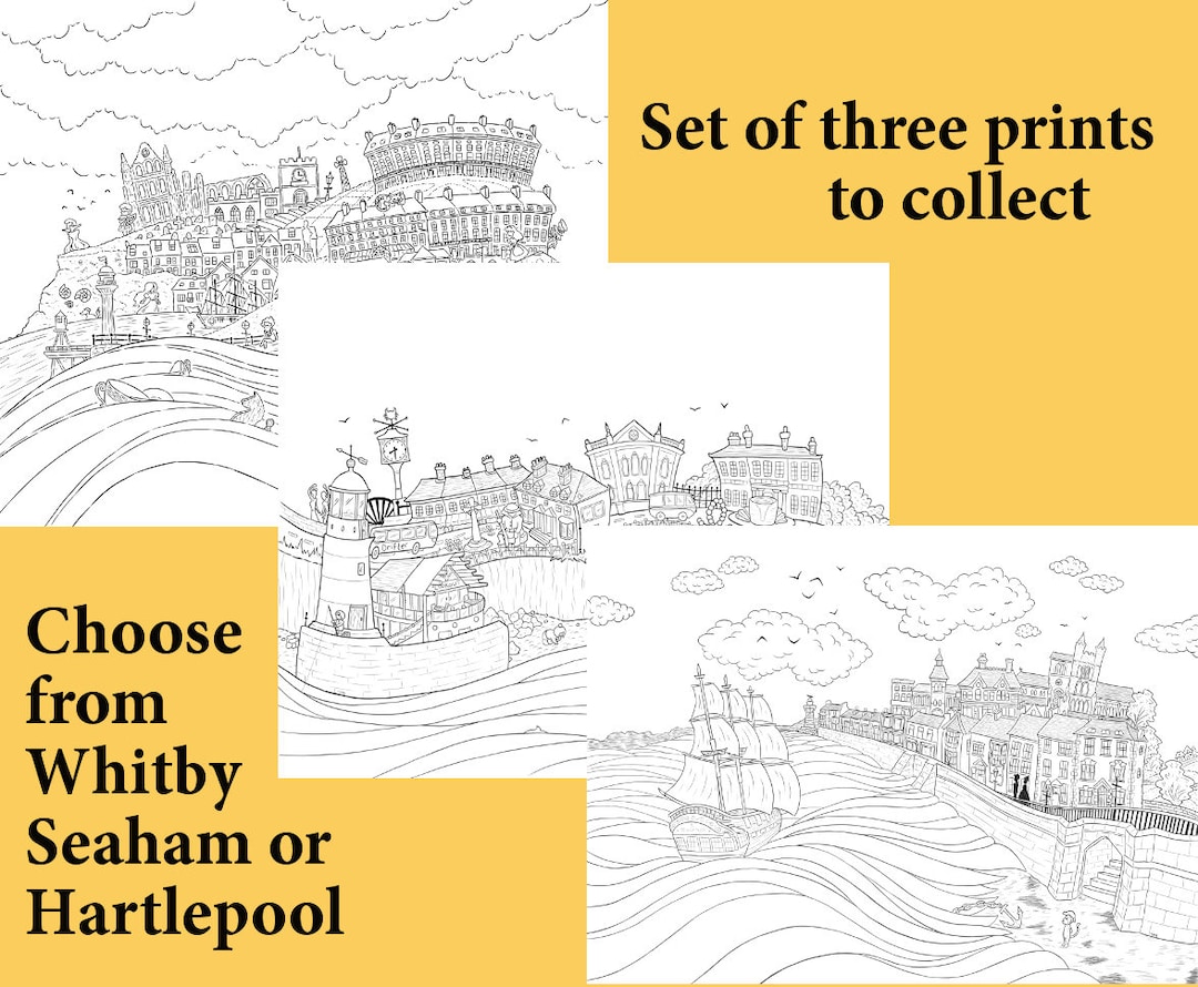 Set of Three A3 Colouring Posters Seaham Hartlepool Whitby - Etsy