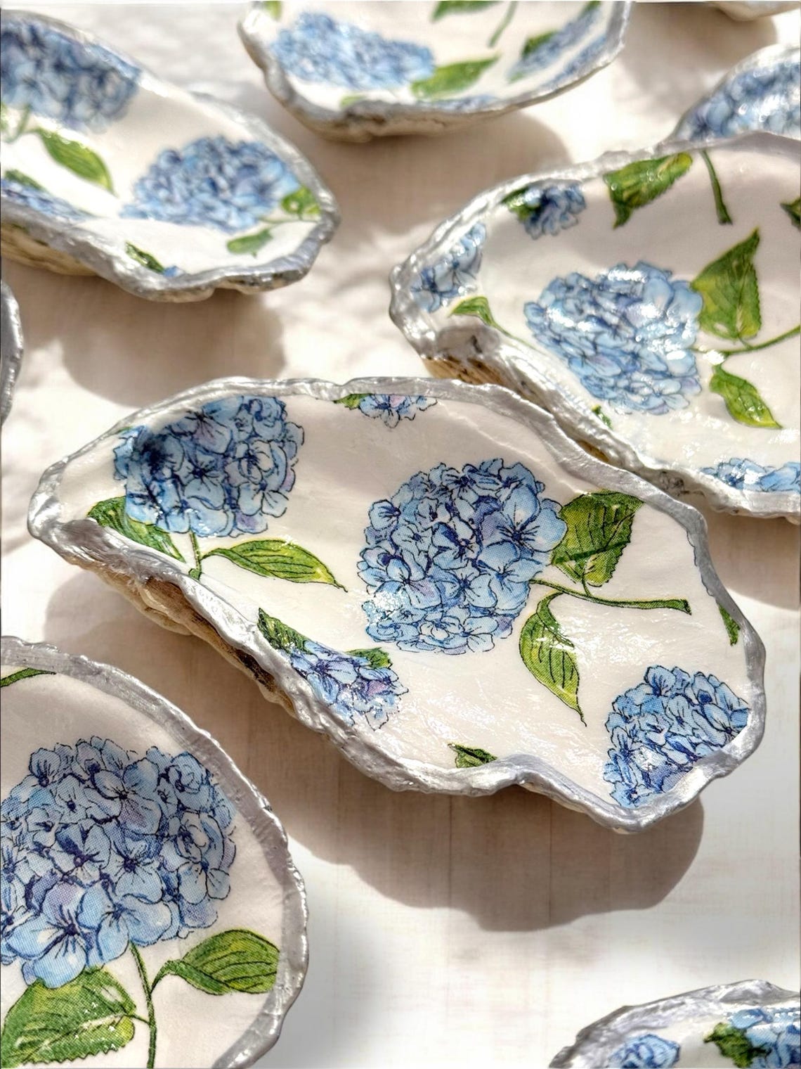 Bulk or Single Hand Made Oyster Shell Ring Dishes, Blue Hydrangea ...