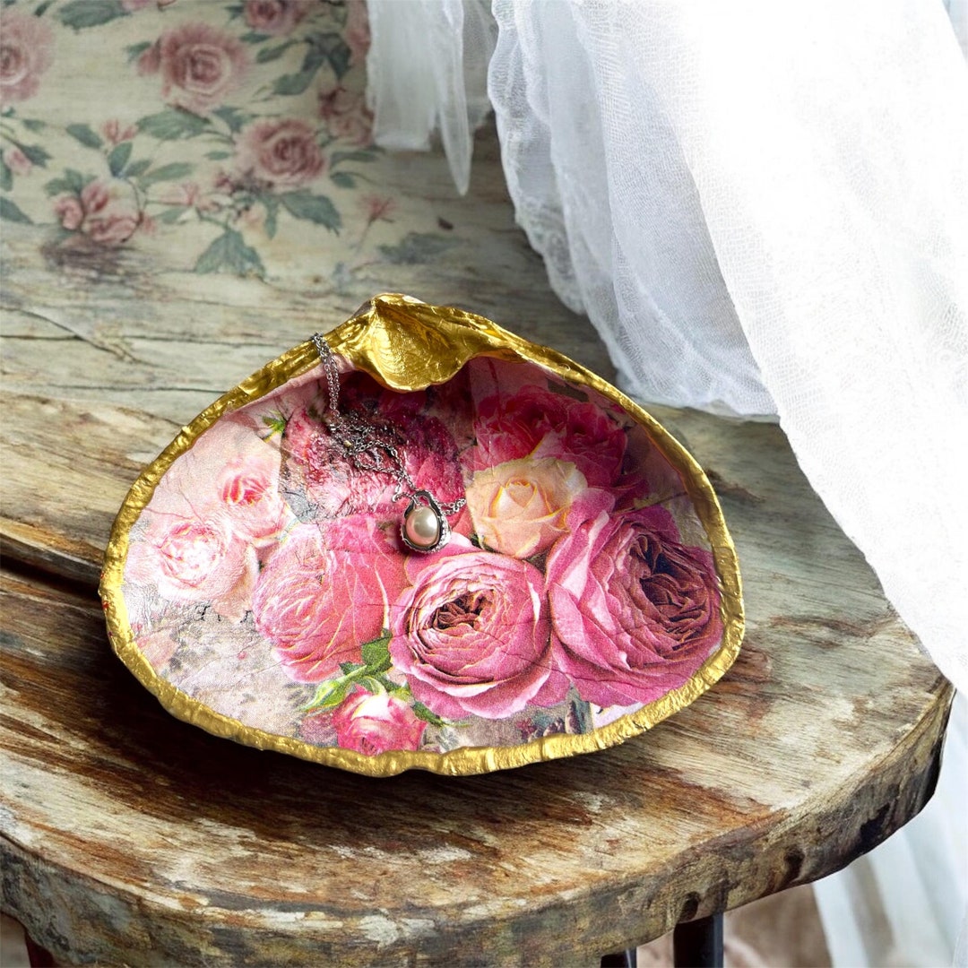 Floral Decoupage Clam Shell Jewelry Holder: Gold Trim Trinket Dish - Etsy