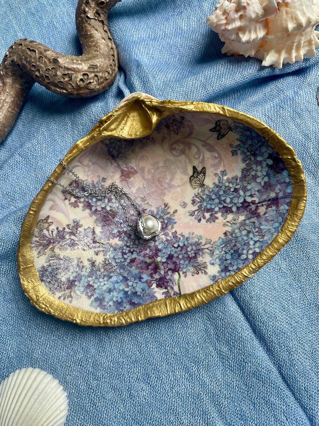 5 Purple Lilac Shell Dish, Large Clam Shell Trinket Dish , Floral ...