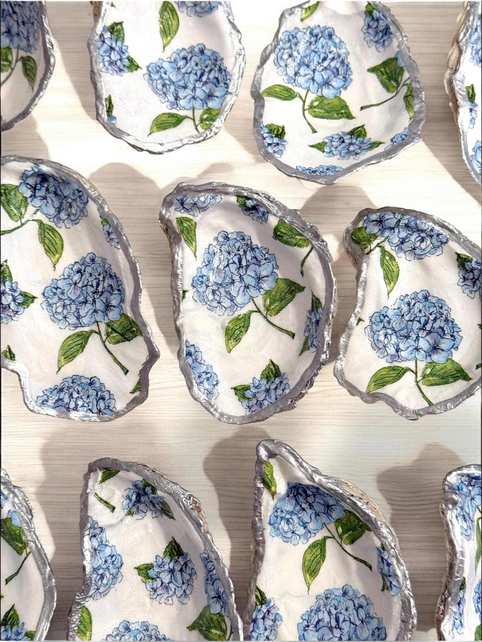 Bulk or Single Hand Made Oyster Shell Ring Dishes, Blue Hydrangea ...