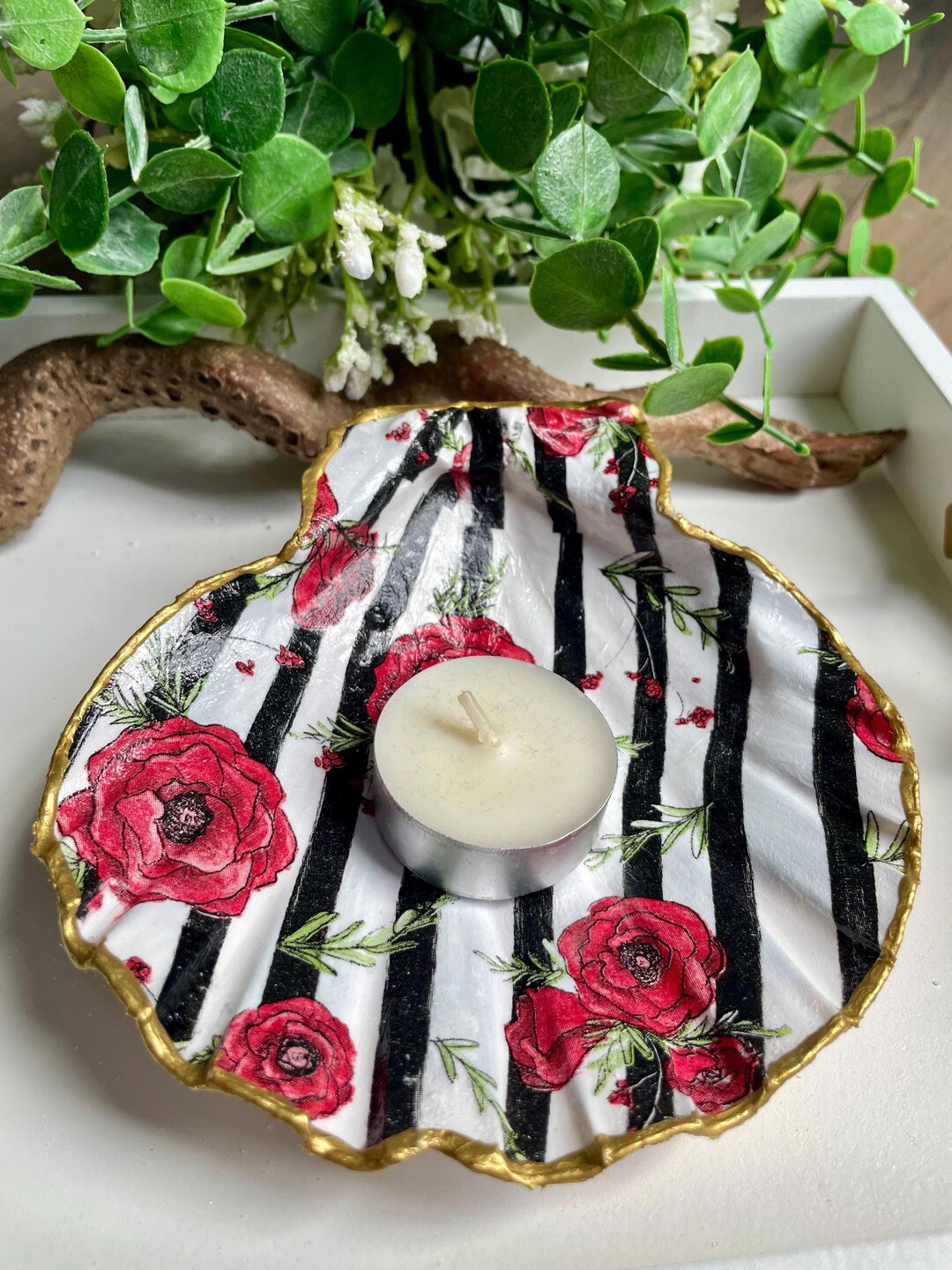 XL Scallop Shell Trinket Dish, Red Poppies Shell Ring Dish, Seashell ...