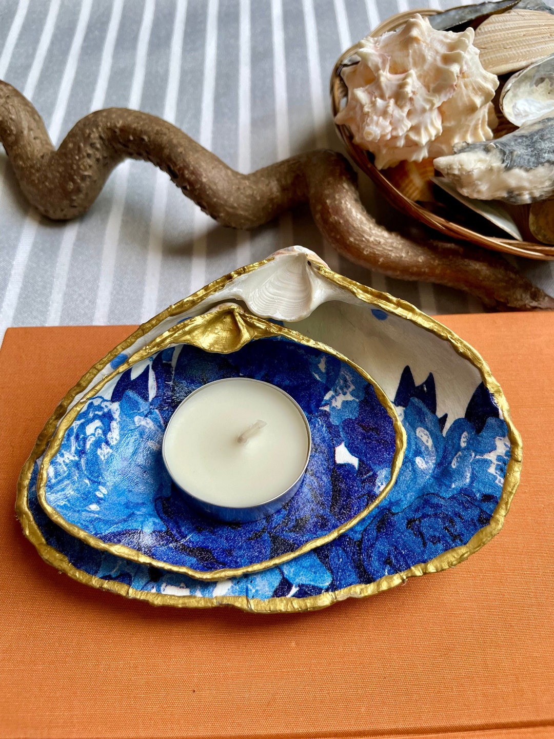 Chinoiserie Seashell Ring Dish: Blue Floral Decoupage With Gold Trim - Etsy