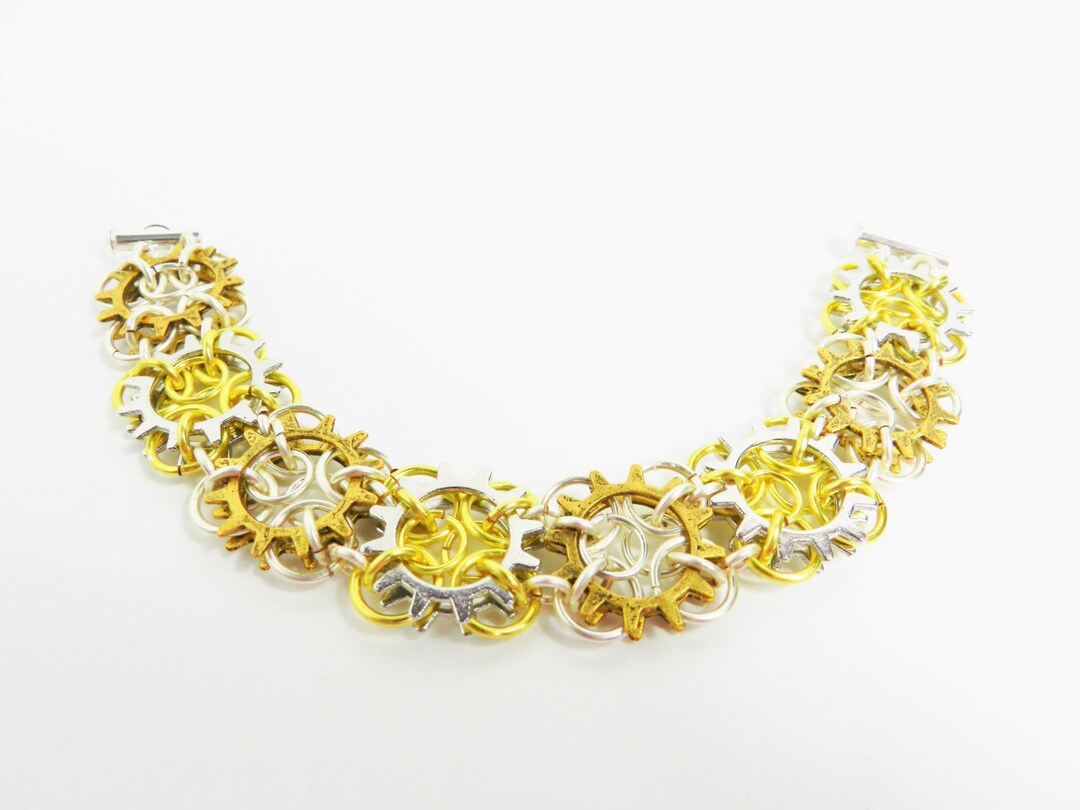 Chainmaille Pulsera Plata y Oro Chainmaille Pulsera Gear Cogs - Etsy España
