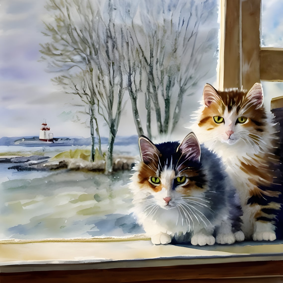 20 X 20 Digital Download Watercolor Print of Two Cats in a New England ...