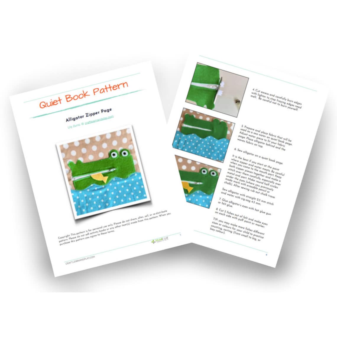 Quiet Book Page PDF Pattern Alligator Zipper Activity | Quiet Book ...