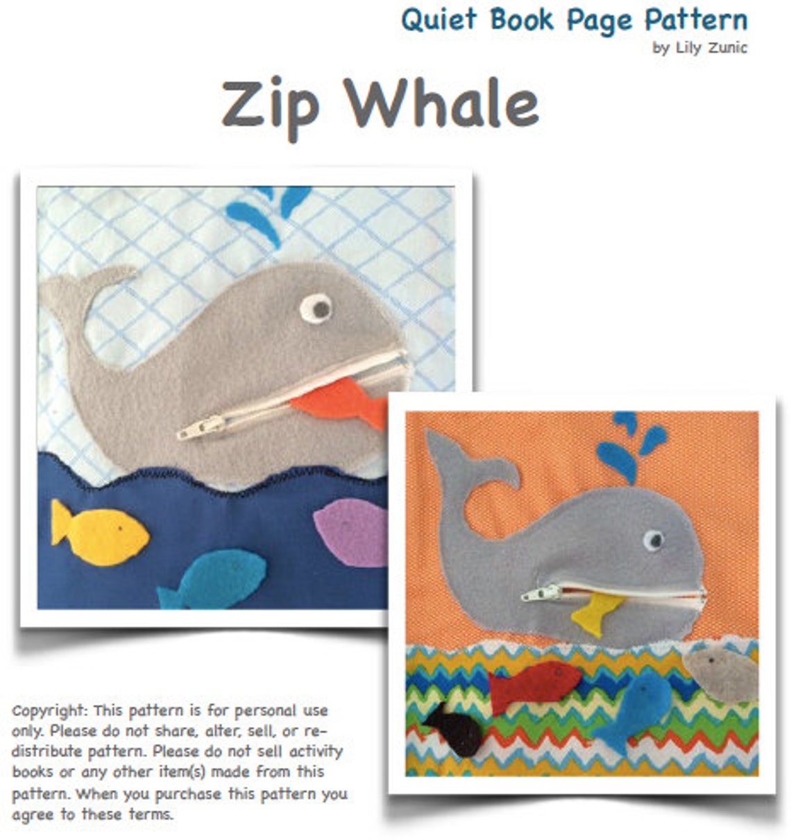 Zipper Whale Quiet Book Page PDF Pattern | PDF | Quiet Book | Felt Busy ...