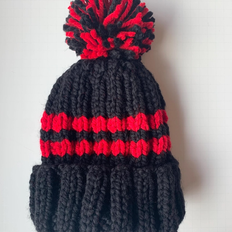 Black Hat With Red Pompom - Etsy