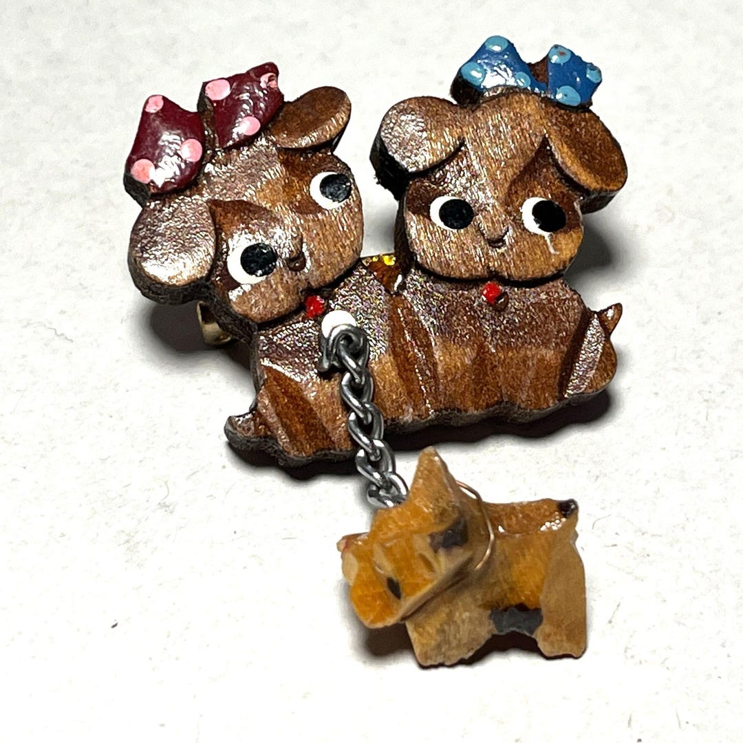 Vintage Wooden Puppy Lapel Pin Brooch With Dangling Scottie Dog - Etsy