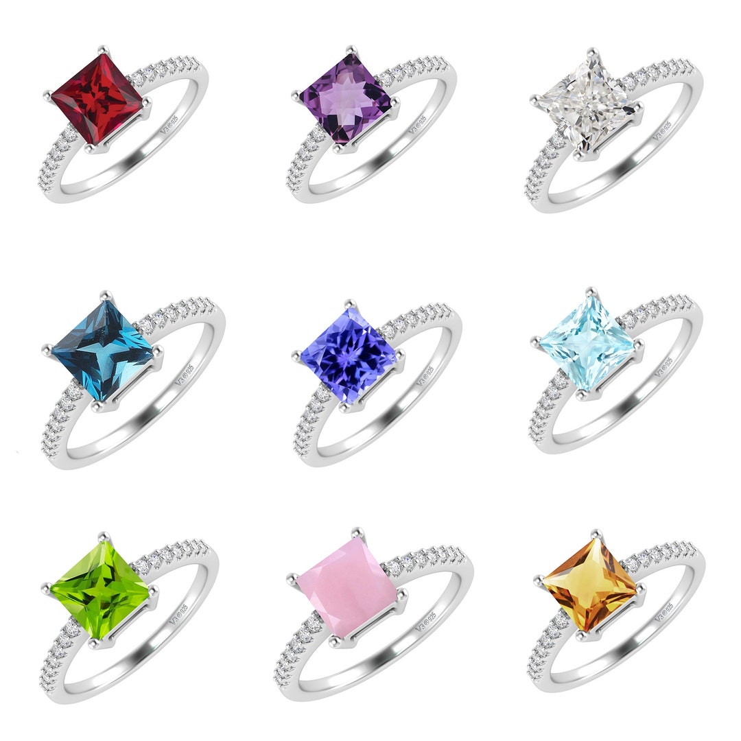 925 Sterling Silver, 6mm Square, Natural Gemstone, Engagement Ring Gift ...