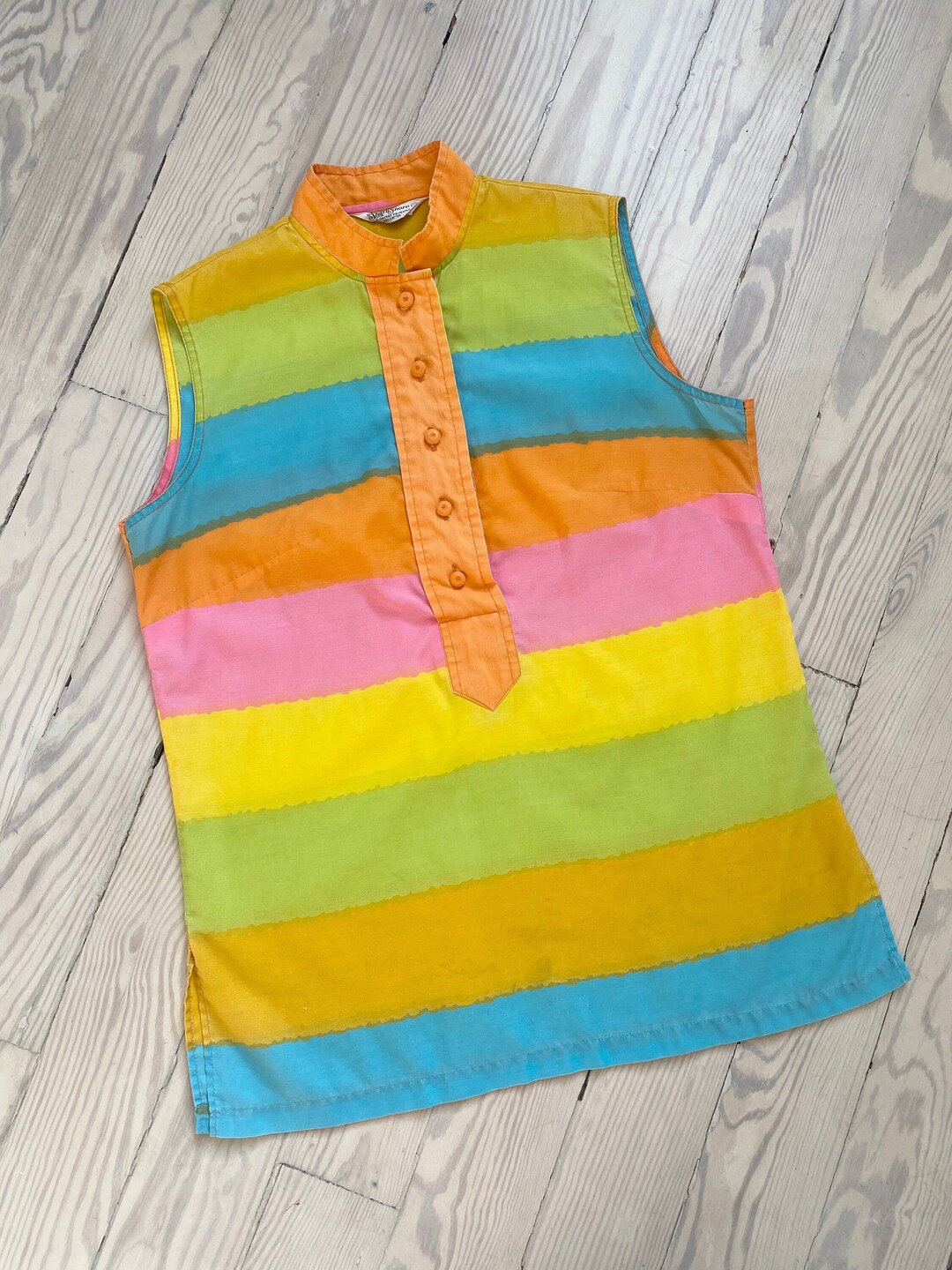 1960s Shirt / 60s Rainbow Stripe Sleeveless Tank Top / Medium - Etsy