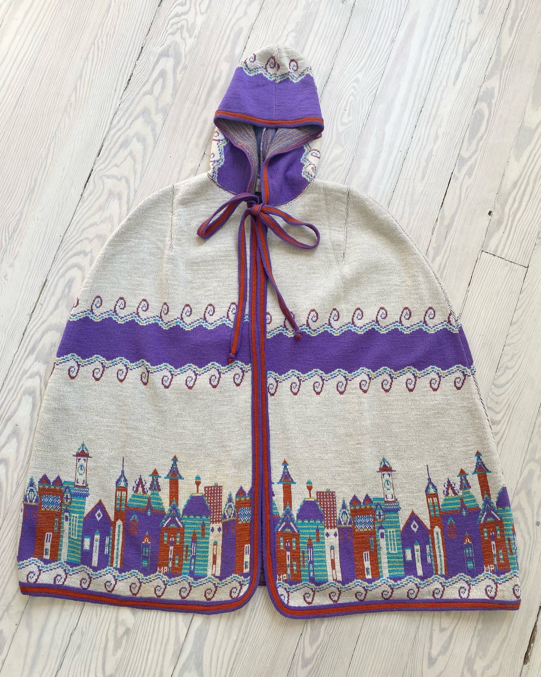 1970s Cape / 70s City by the Sea Hooded Knit Cape by Sabra / - Etsy