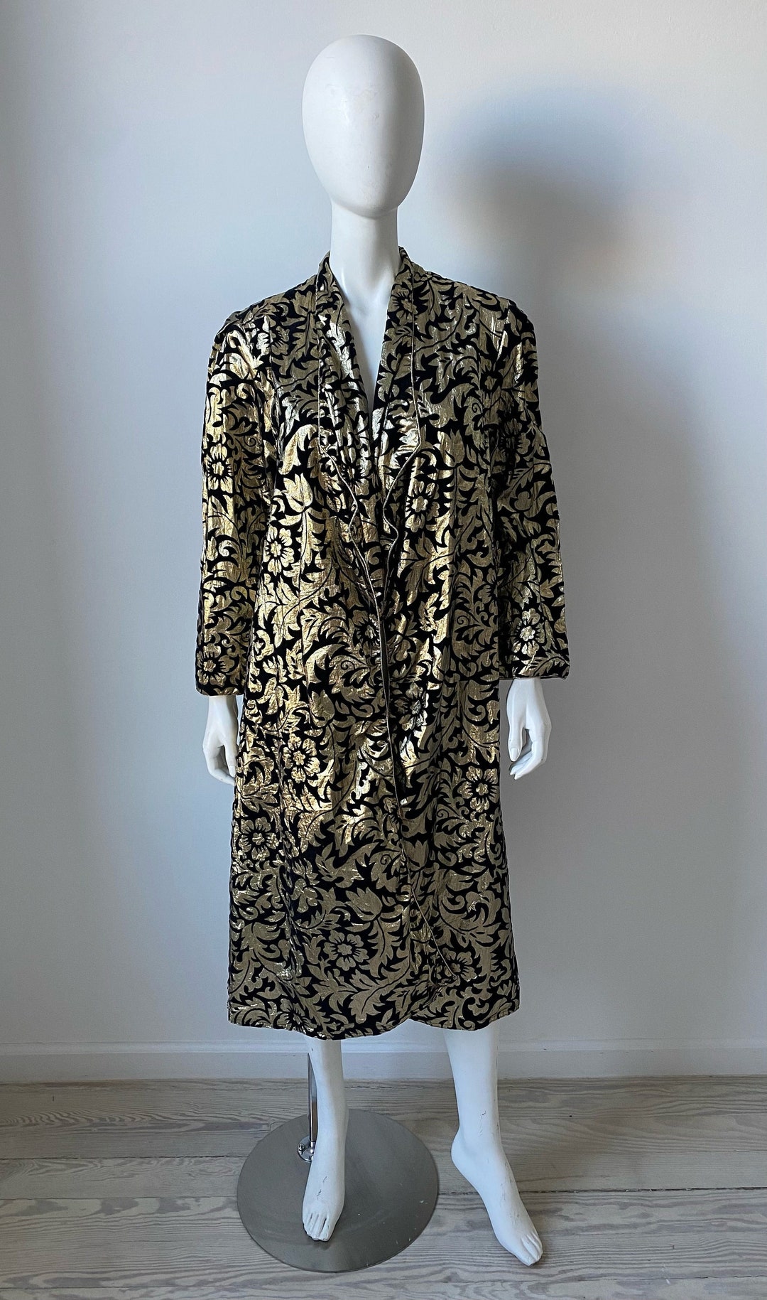 1980s Jacket / 80s Gold Floral Lamé Duster Jacket / Large - Etsy