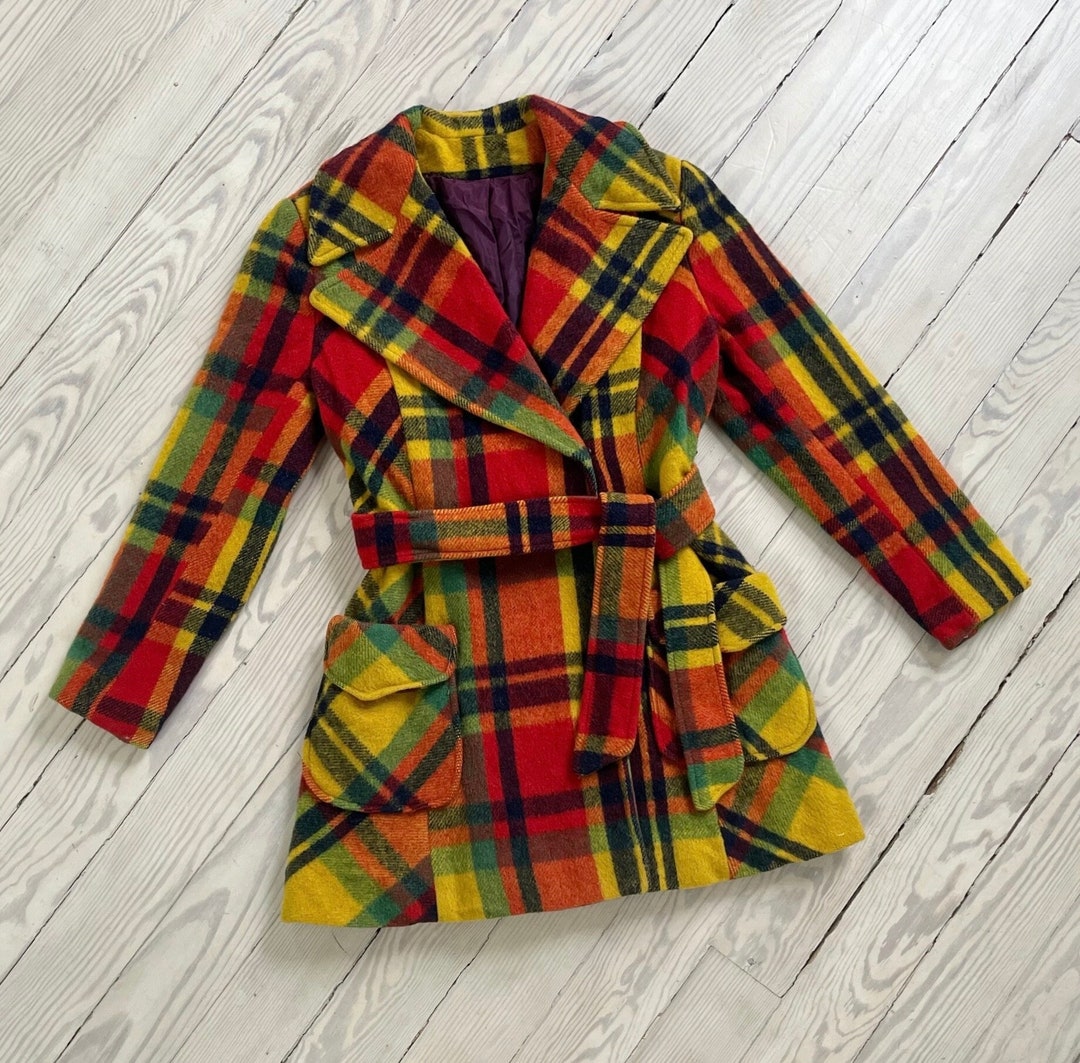 1970s Coat / 70s Rainbow Plaid Wool Coat / Small - Etsy