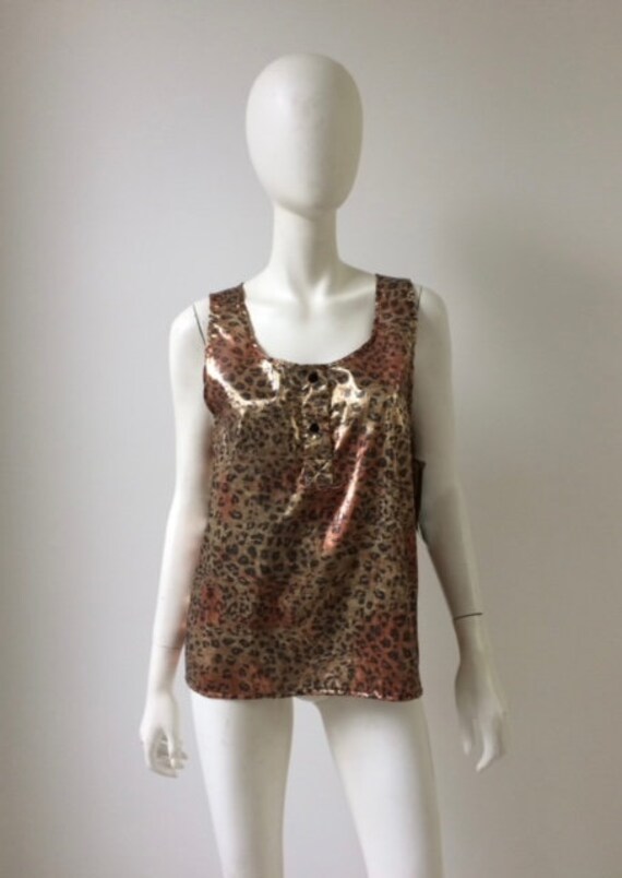 1970s-80s Top / 70s-80s Leopard Print Lamé Tank Top b… - Gem