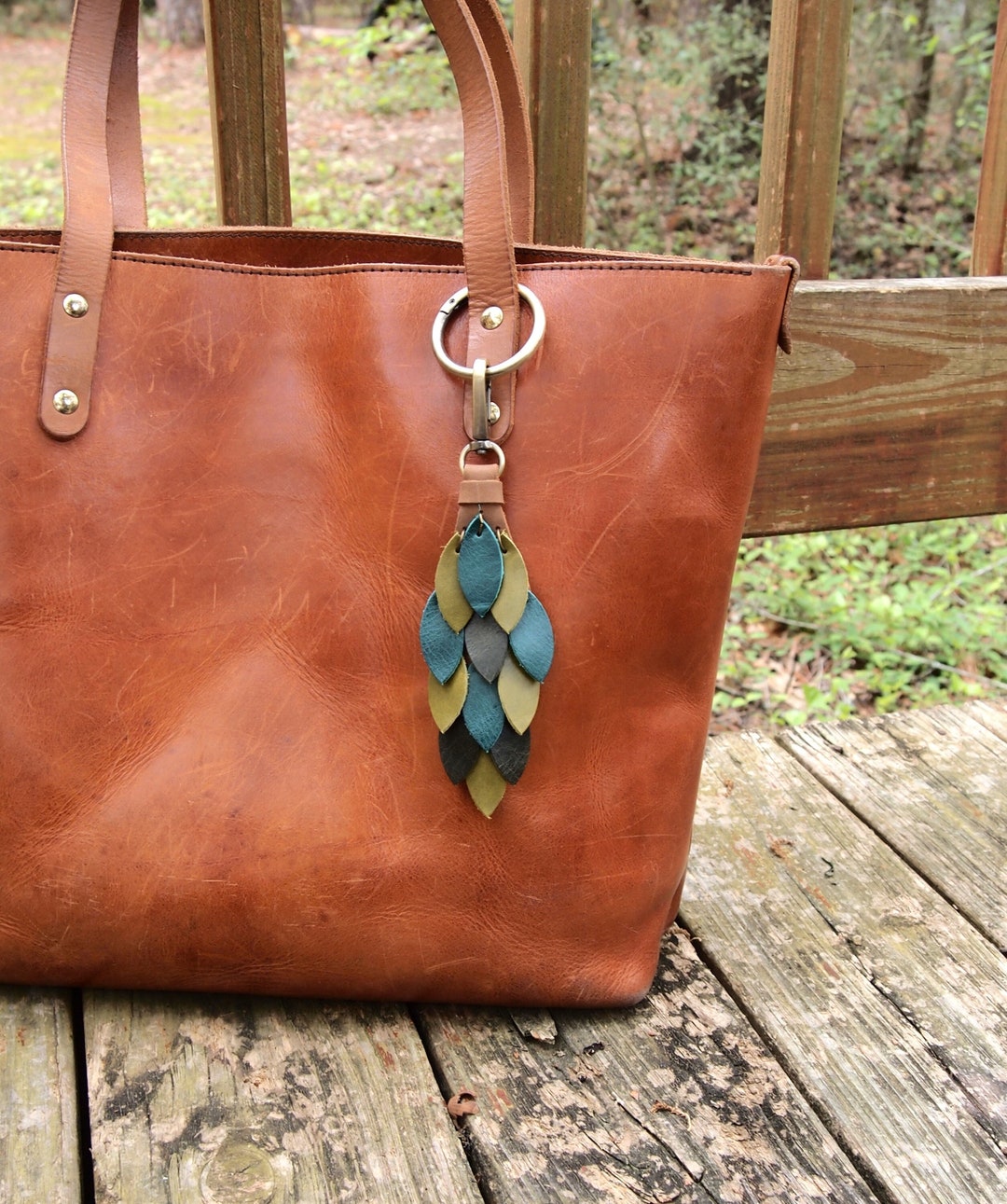 Shades of Green Waterfall Leather Purse Charm Tassel Handmade Bag Charm ...