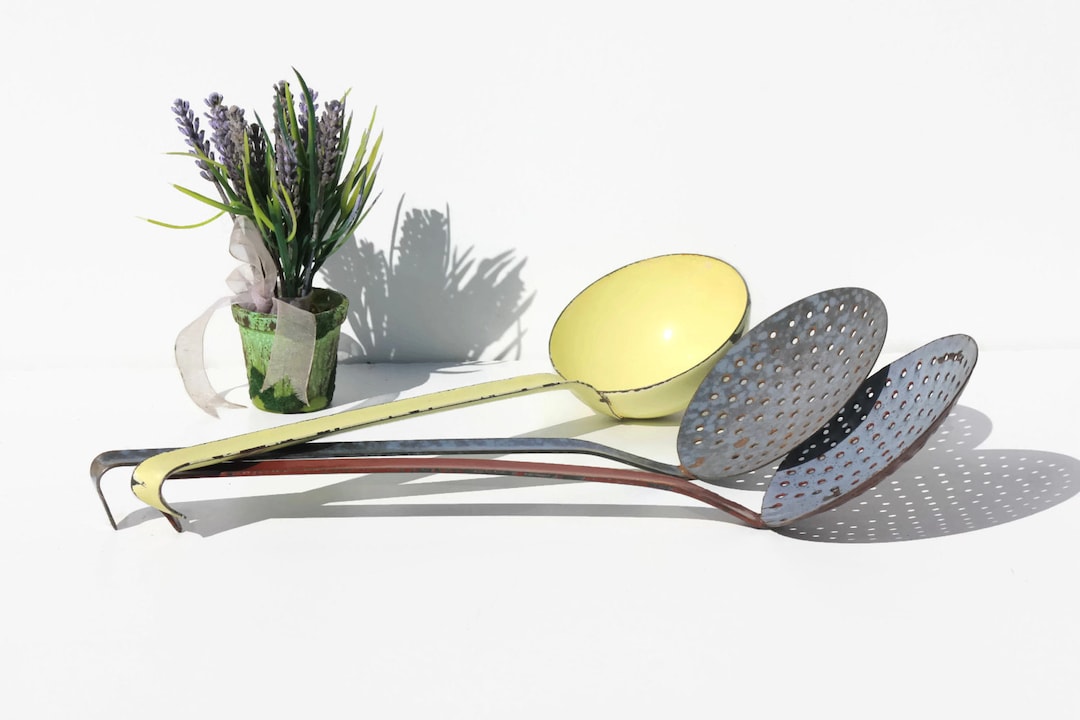 Three French Vintage Enamel Kitchen Utensils, French Kitchen,home Decor ...