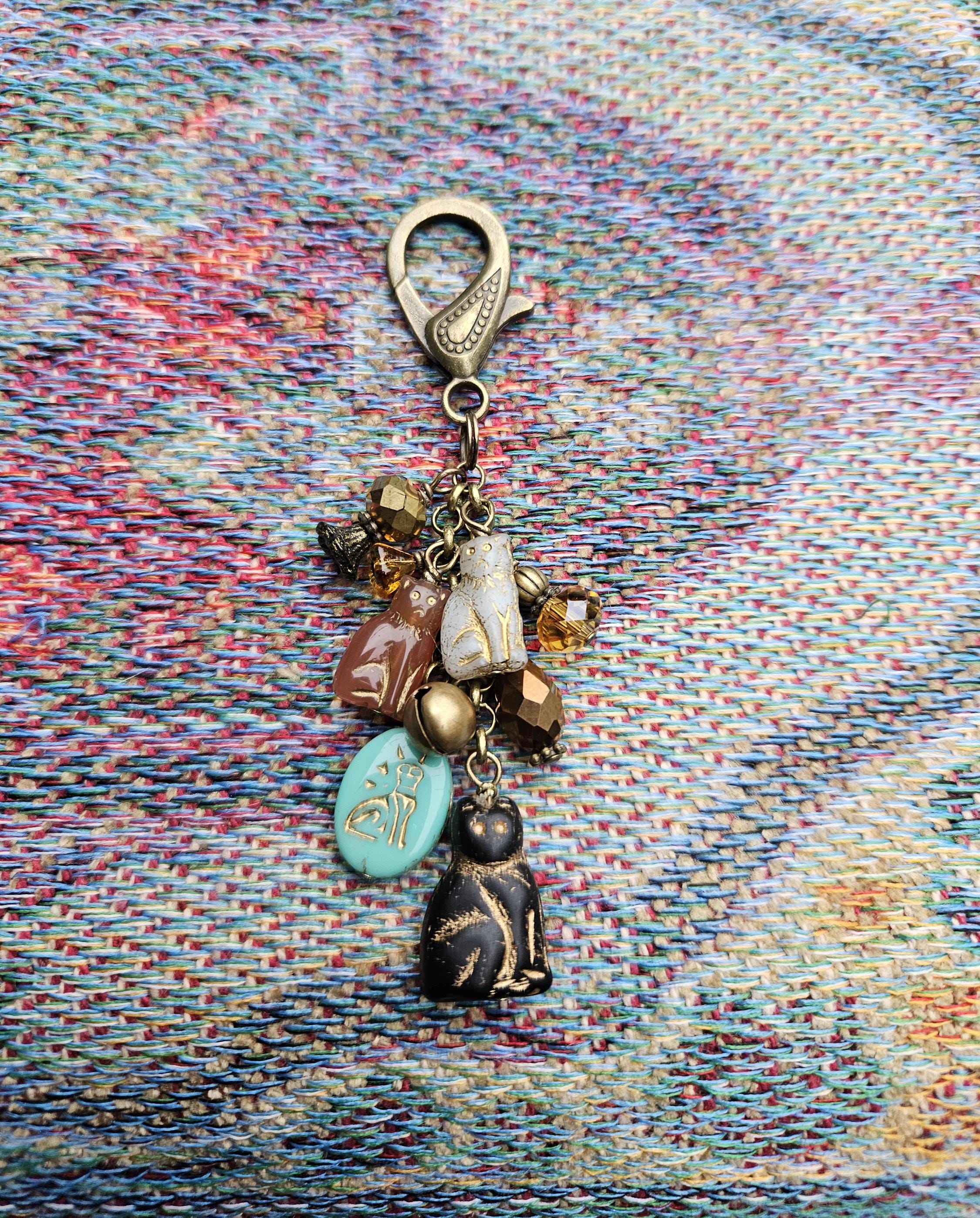 Beaded Cat Purse Charm: Czech Glass, Antiqued Bronze Bells - Etsy