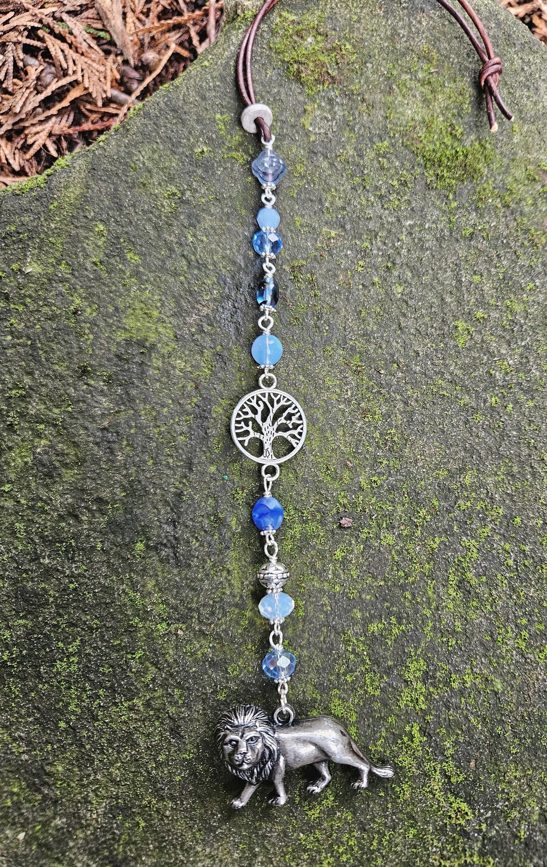 Lion Car Mirror Charm: Vintage Blue Beaded Travel Amulet - Etsy