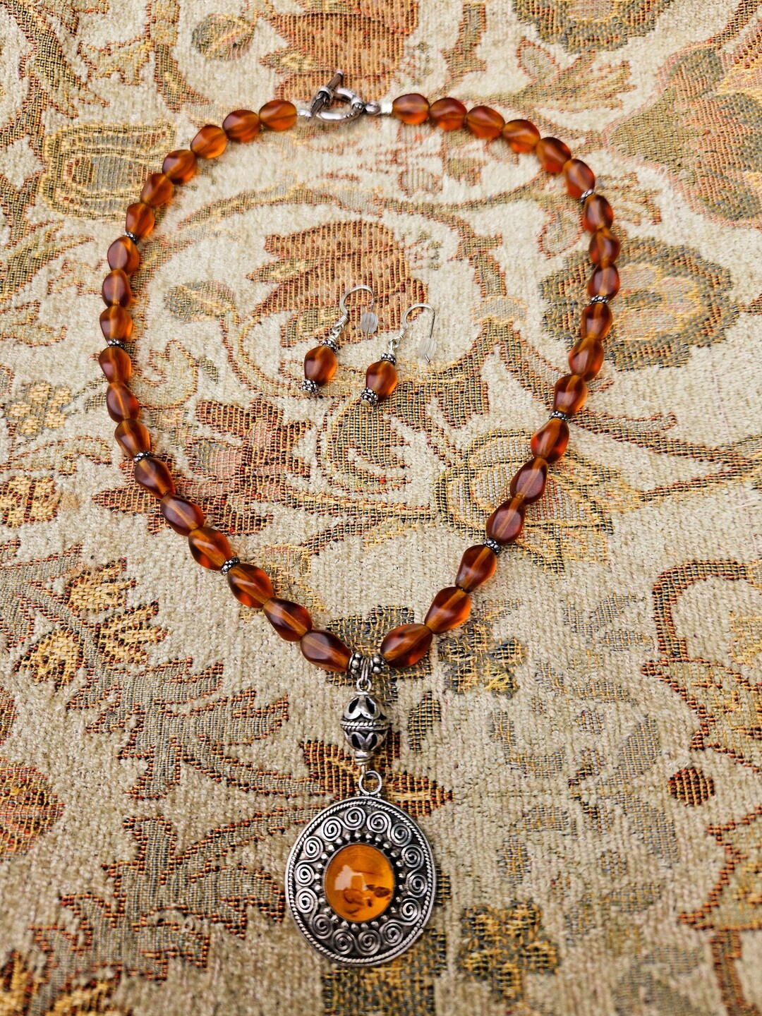 Bali SS Amber Pendant Vintage Bohemian Golden Glass Beaded Necklace SS ...