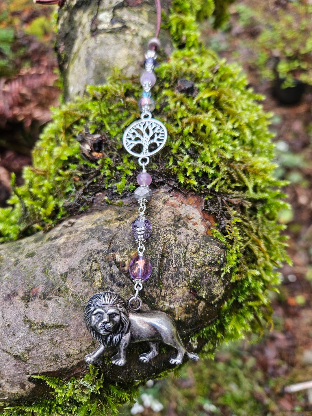 Lion Car Mirror Charm Purple Silver Leo the Lion Travel Amulet Beaded ...