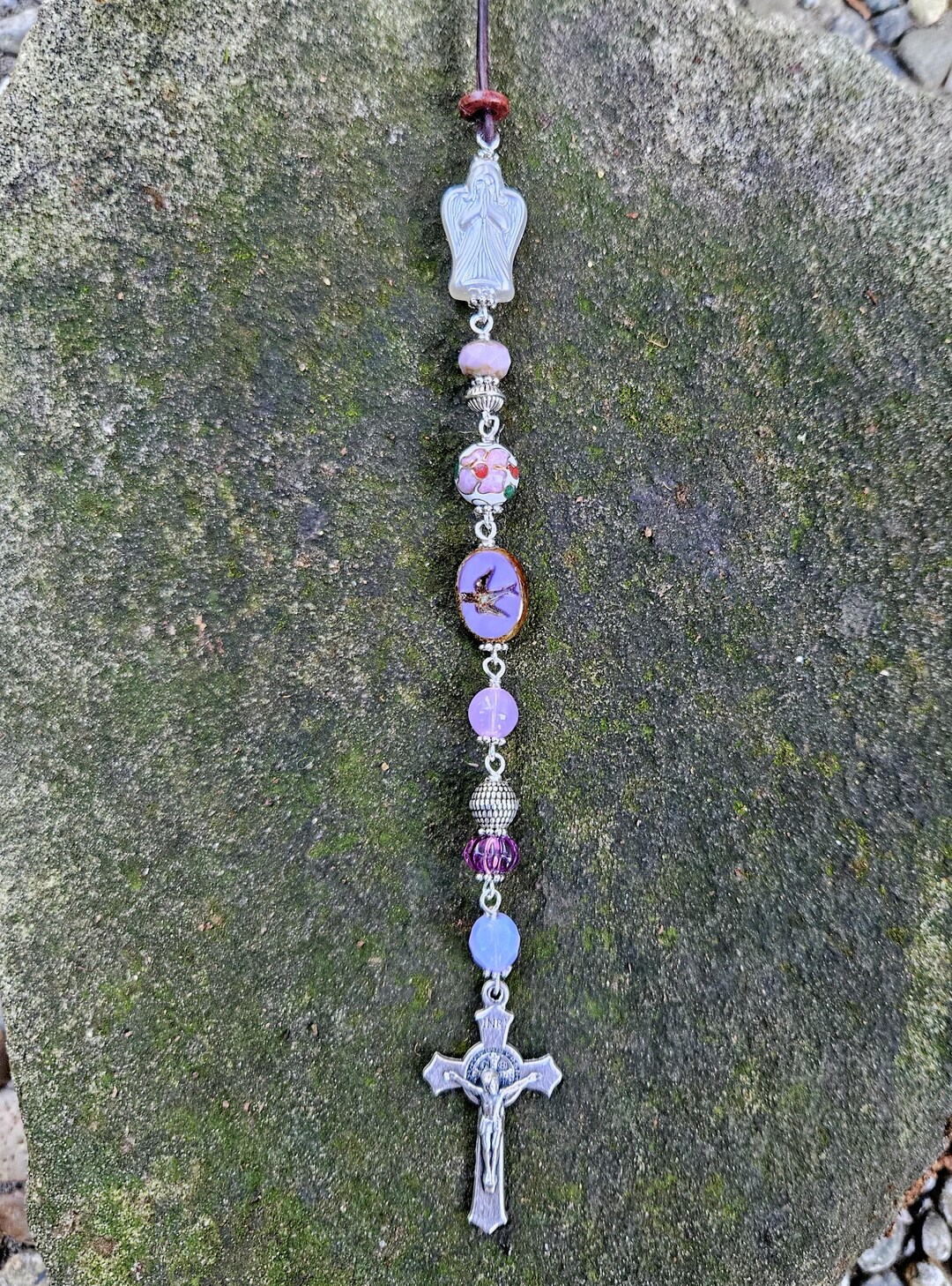 Angel St. Benedict Cross Car Mirror Charm: Purple Czech Glass Car ...