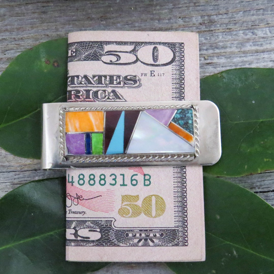 Native American Navajo Multi Stone Inlay Sterling Silver Handmade Money ...