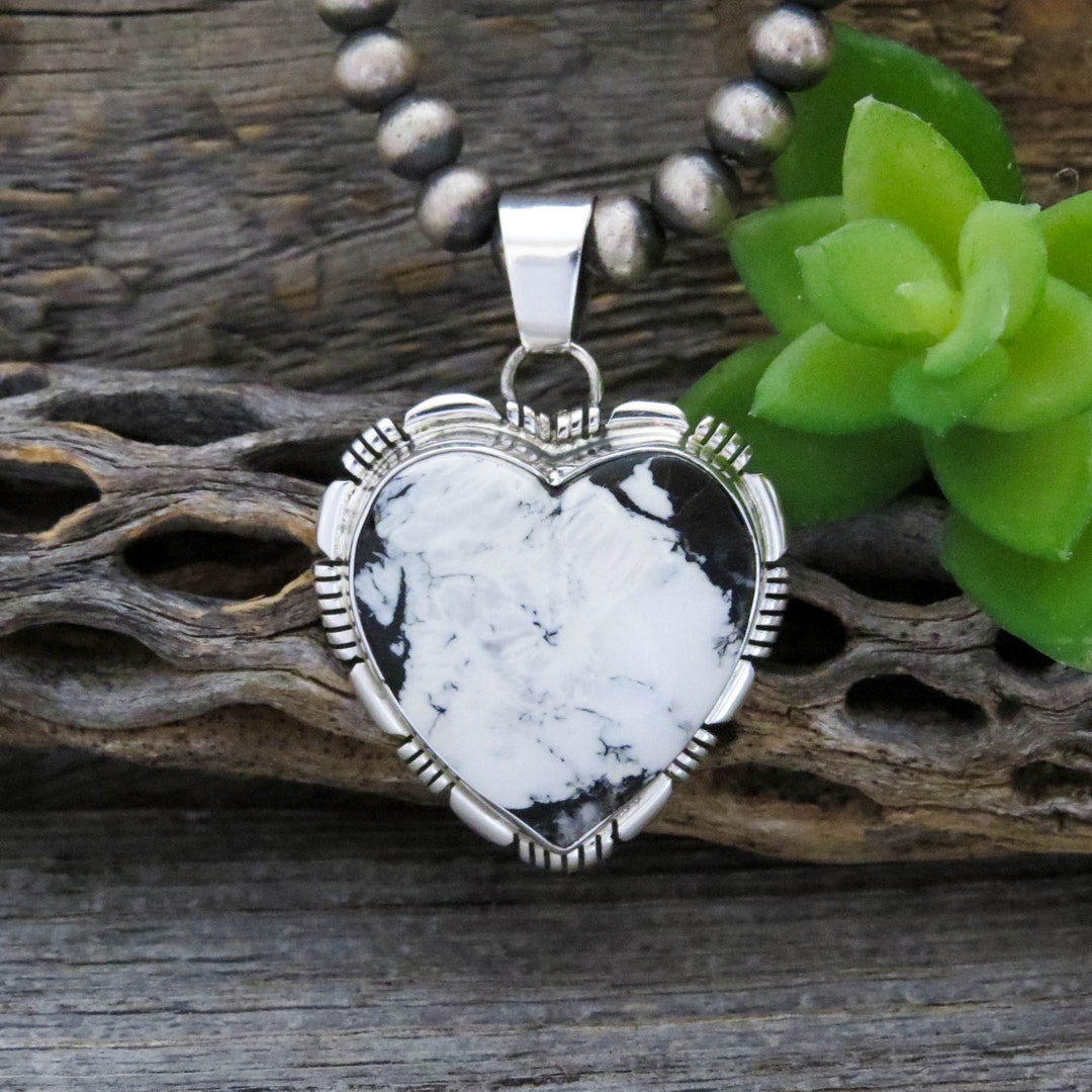 Native American Navajo White Buffalo Sterling Silver Large Heart ...