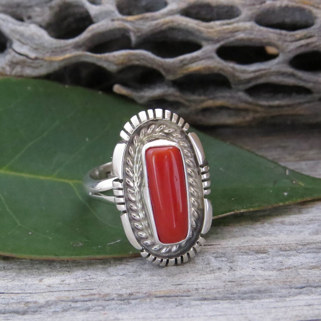 Native American Navajo Red Coral Sterling Silver Ring Size 7 1/2 or 7 3 ...