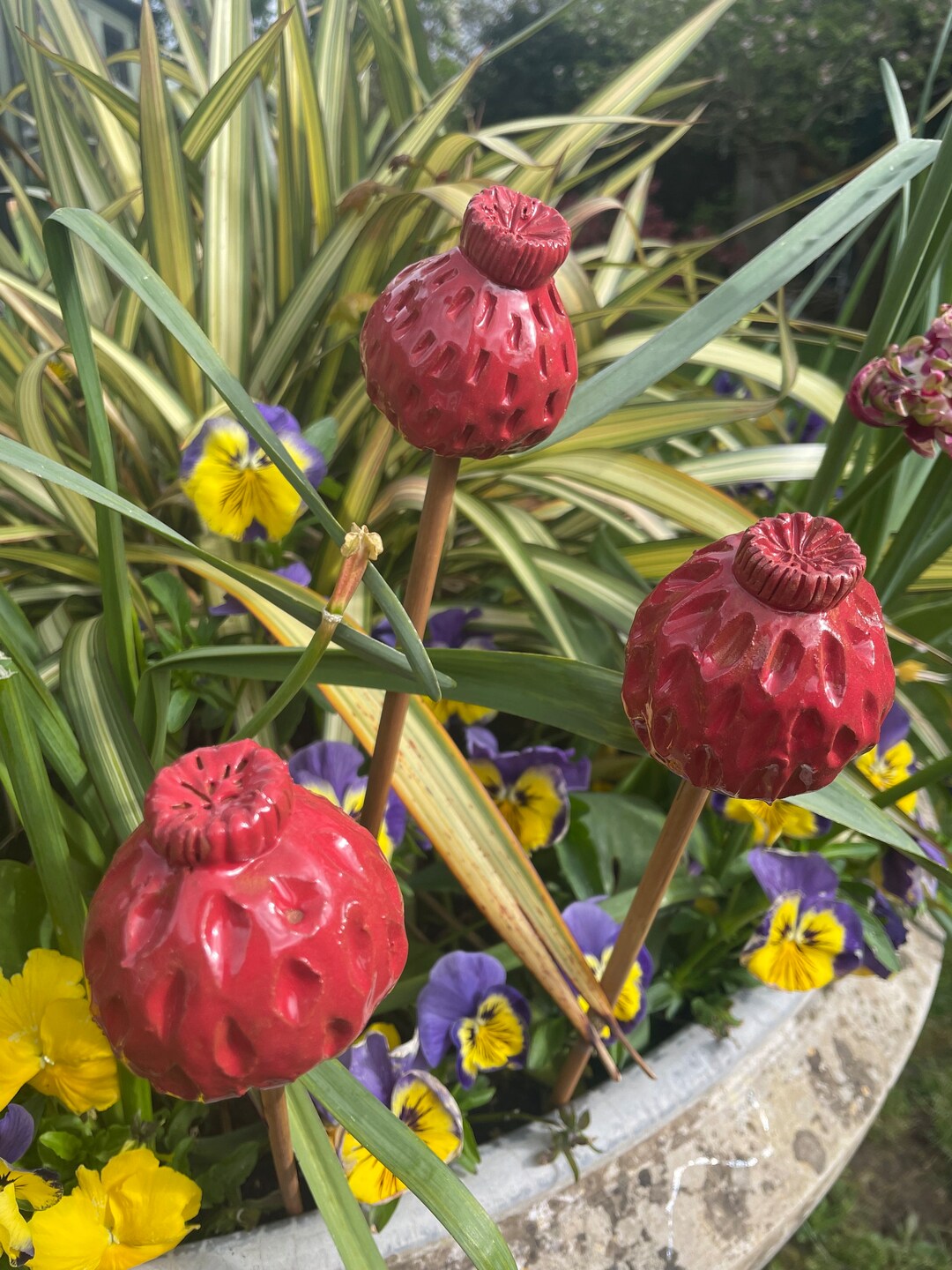 Three Ceramic Cane Toppers Thistles-garden Sculpture Ideal Fathers Day ...