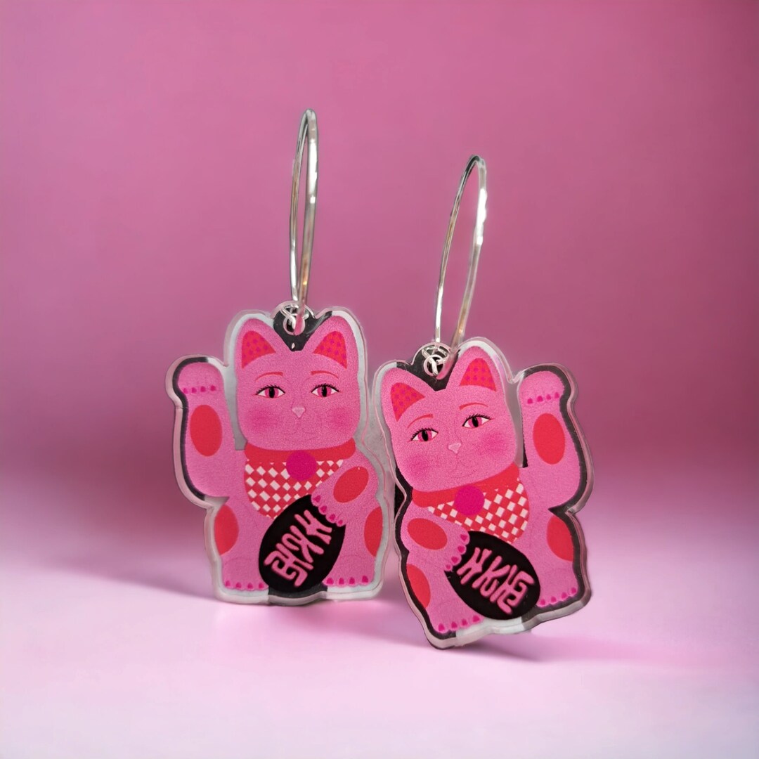 Pink Lucky Cat Earrings - Clear Acrylic - Etsy