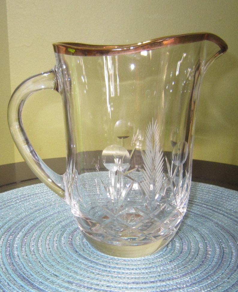 Vintage Cut Glass Pitcher, Crystal Floral Pitcher With Gold Rim, Water ...