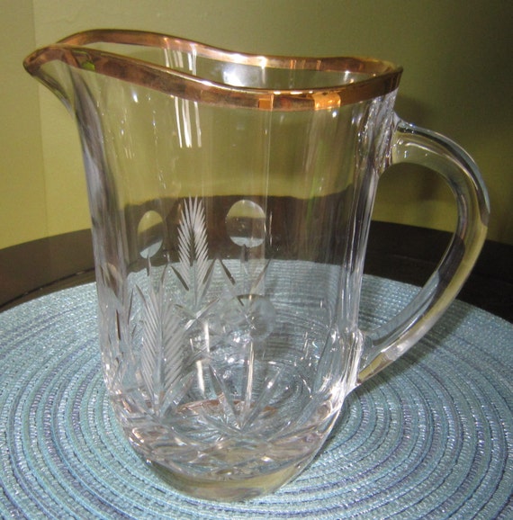 Drinkware Clear Glass Pitcher with Gold Detail Vintage Pressed Glass ...