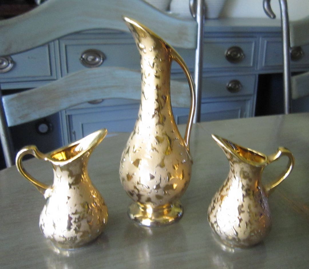 Vintage Pitcher, Kingwood Ceramics, Weeping Bright Gold Pitcher Vases ...