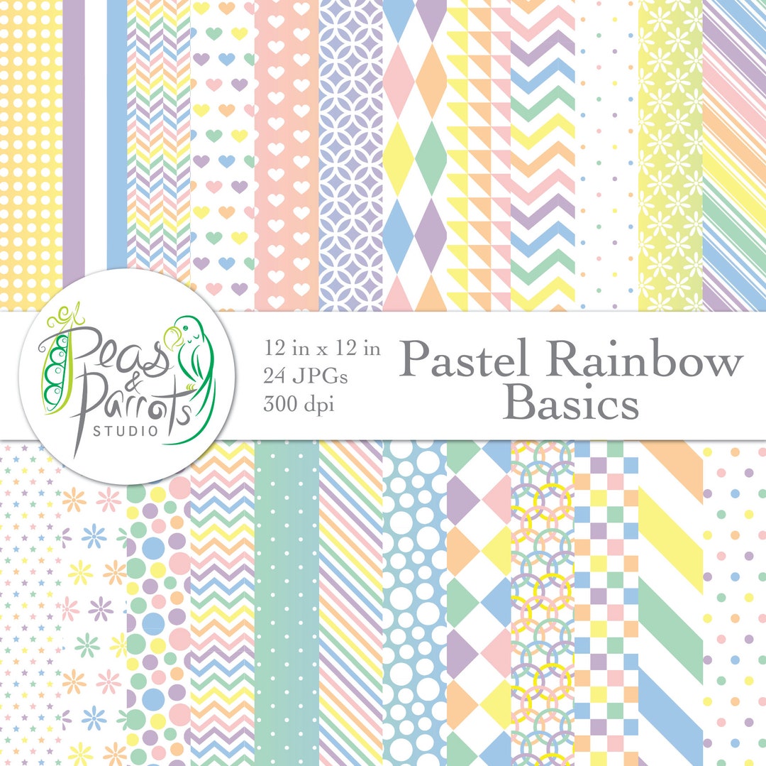 Pastel Rainbow Basics, Digital Paper Pack, Scrapbook Paper, Patterns ...