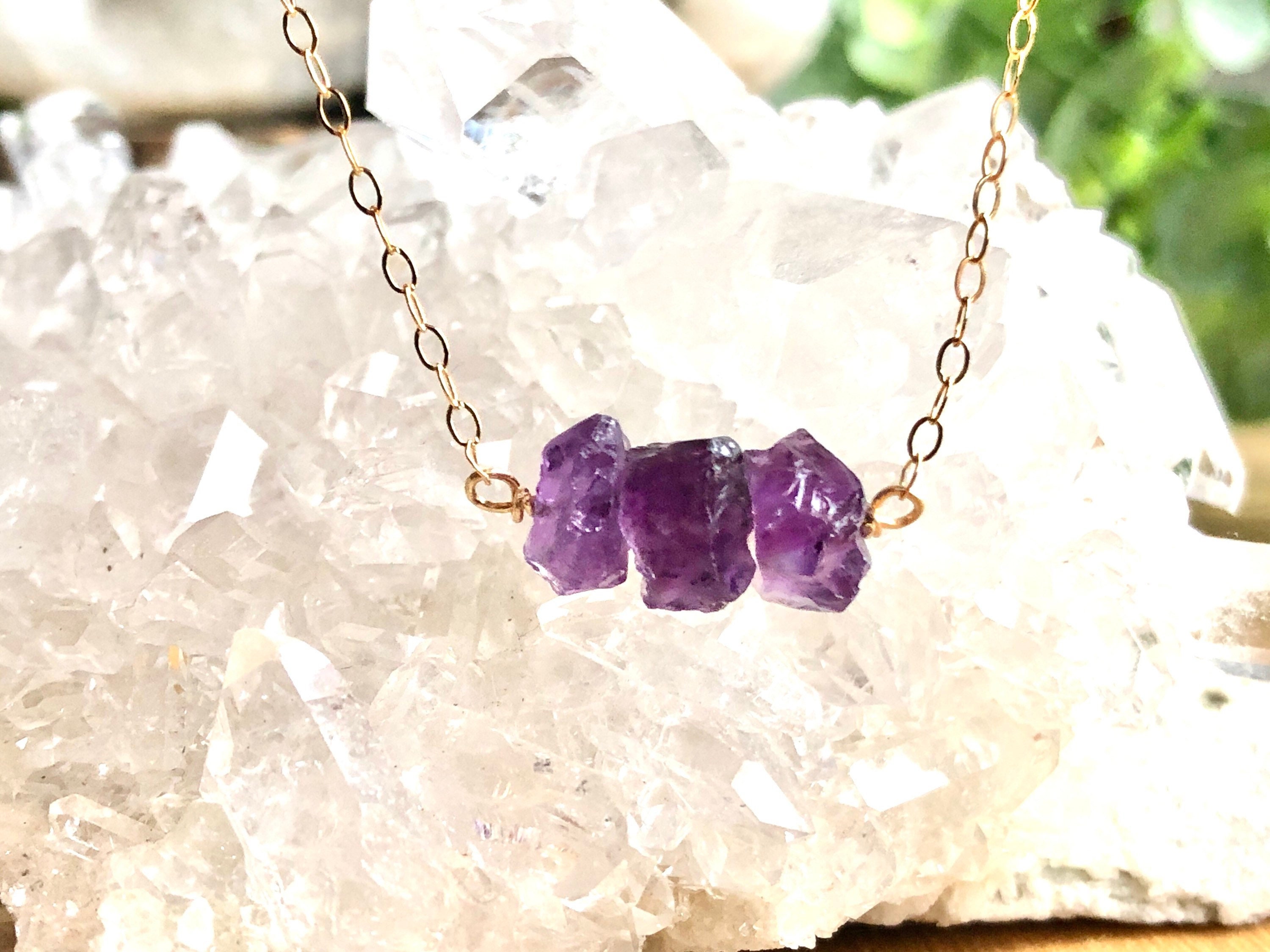 Raw Amethyst Three-Stone Necklace Febuary Birthstone