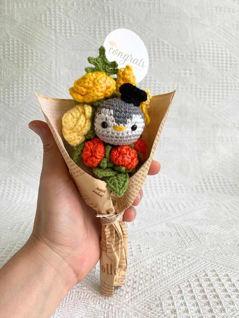 Graduation Gift Crochet Bouquet Flowers With Crochet Penguin Gift ...