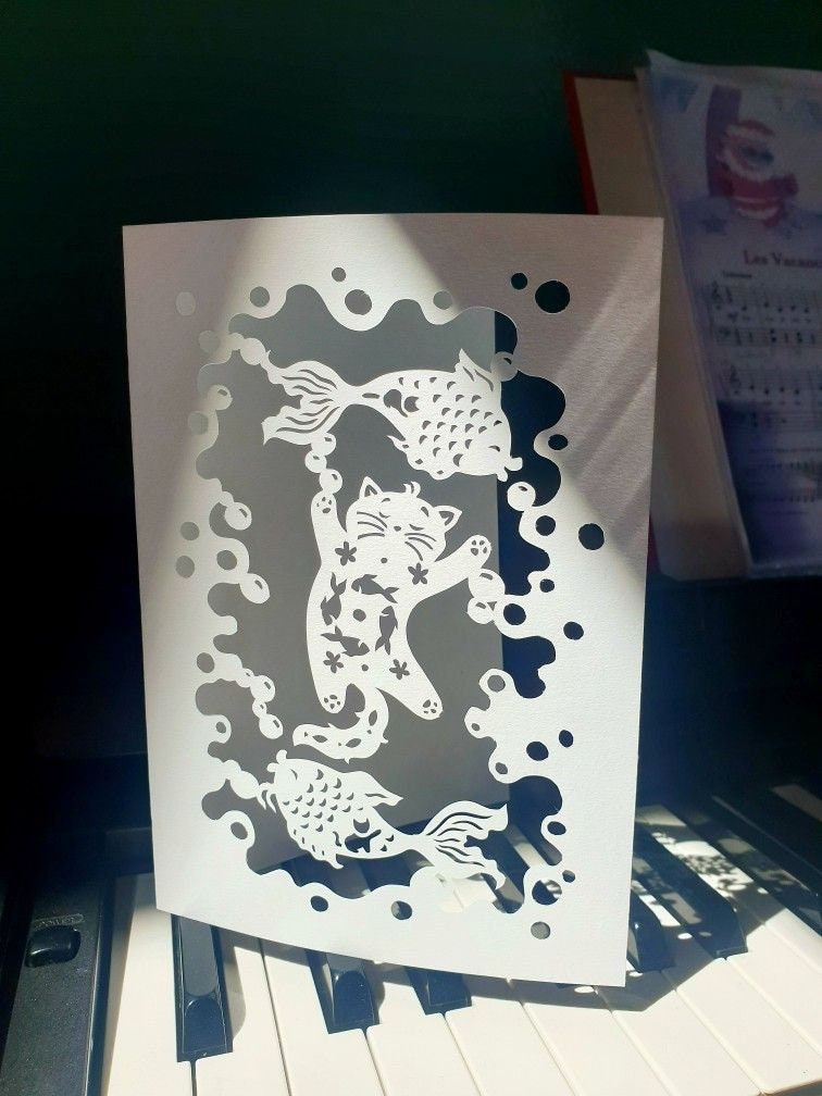 Dreaming Kitty Greeting Card Template DIY Digital Papercut - Etsy