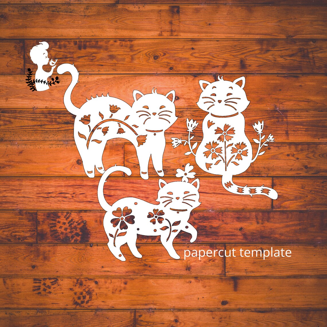 Floral Kitties PDF Papercut Template, DIY Instant Download, Cat Art ...