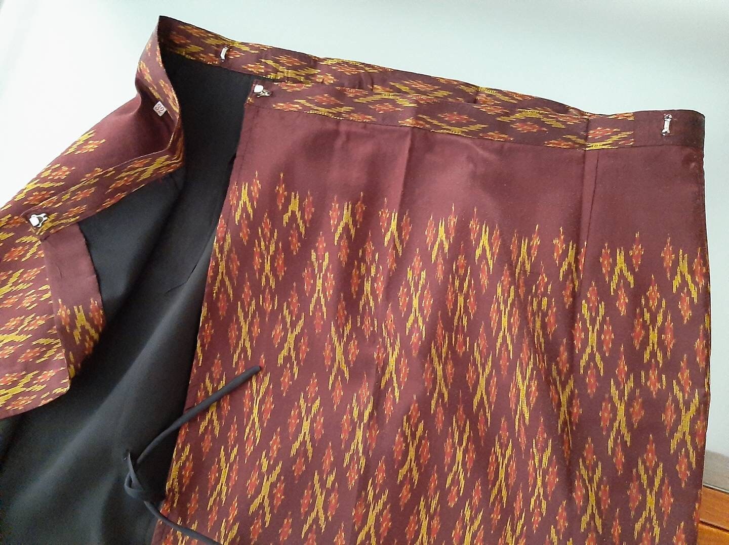 Thai Mudmee Woven Ikat Silk Wrap Skirt or Sarong, Ready to Wear. Dark ...