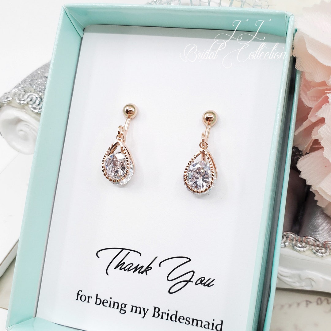 ROSE GOLD Teardrop Design With Round Shape Crystal Clip-on Earrings ...