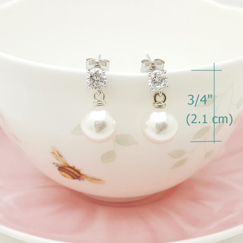 925 Silver Post and Simple 8mm Pearl With Dangle Crystal - Etsy