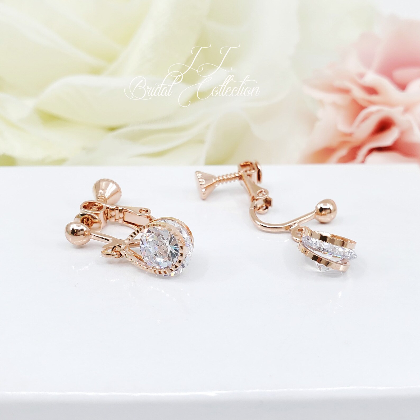 ROSE GOLD Teardrop Design With Round Shape Crystal Clip-on Earrings ...