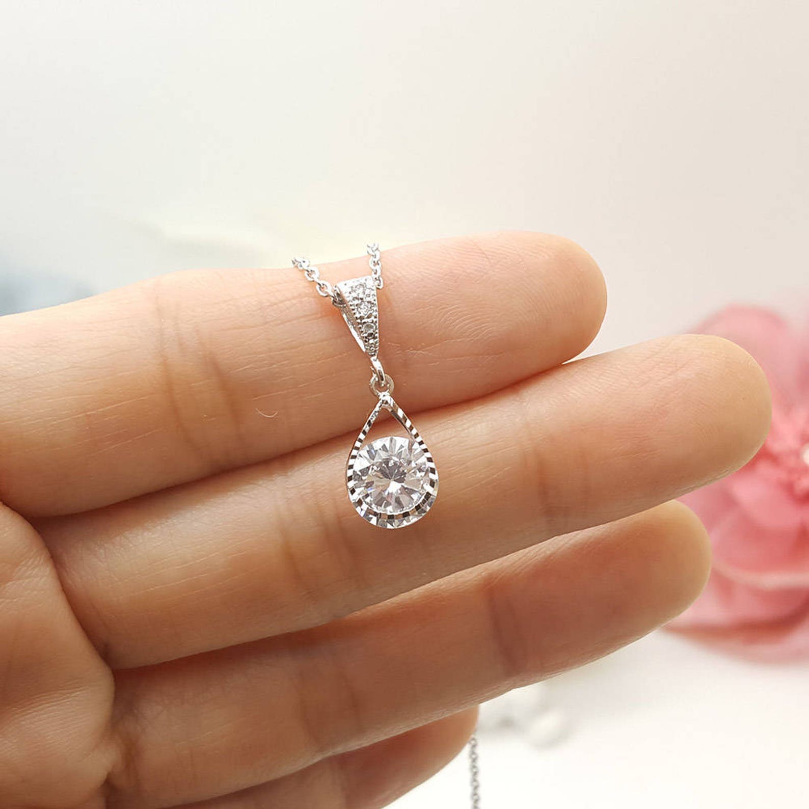 Teardrop Design With Round Shape Crystal Necklacebridesmaid - Etsy