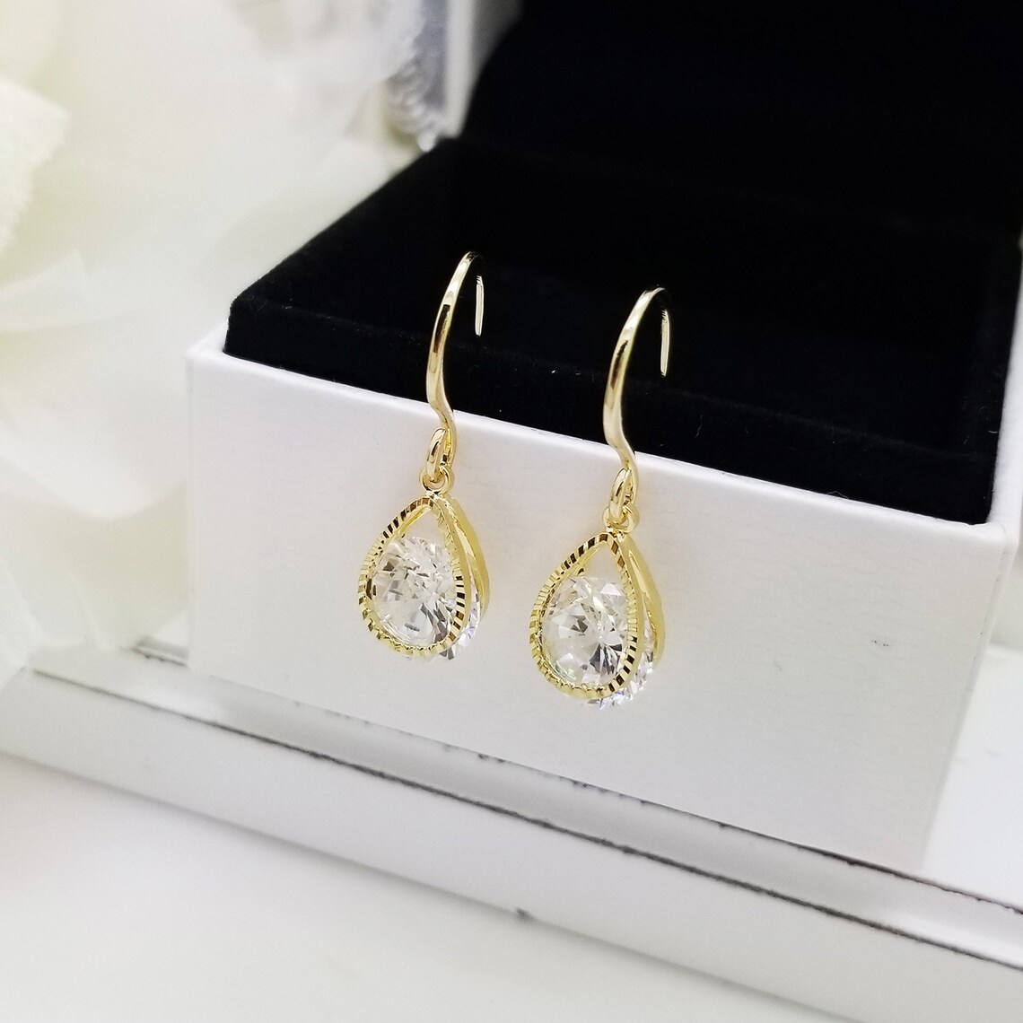 GOLD Teardrop Design With Round Shape Crystal Earrings - Etsy